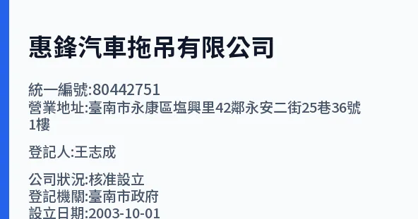 惠鋒汽車拖吊有限公司的照片-統編 80442751(臺南市) 公司登記資料與營業項目詳細圖表