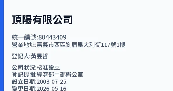 頂陽有限公司的照片-統編 80443409(嘉義市) 公司登記資料與營業項目詳細圖表