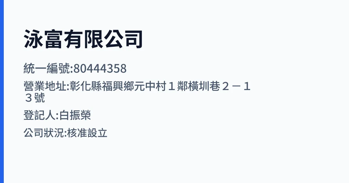 泳富有限公司 - 統編 80444358(彰化縣) 公司登記資料與營業項目詳細圖表