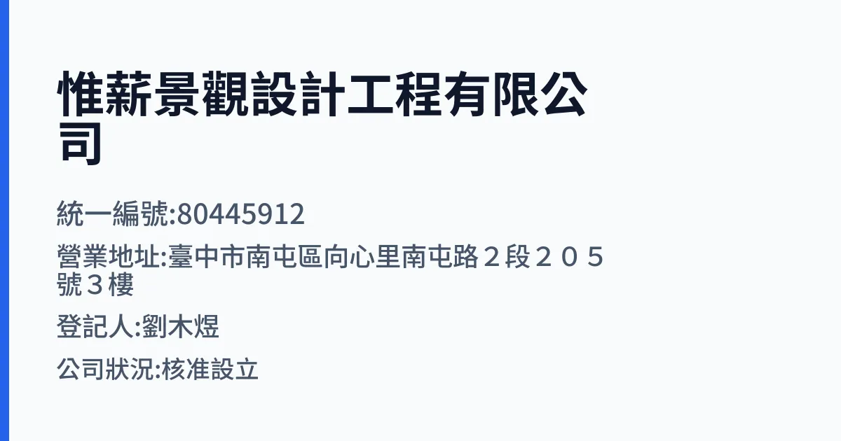 惟薪景觀設計工程有限公司 - 統編 80445912(臺中市) 公司登記資料與營業項目詳細圖表