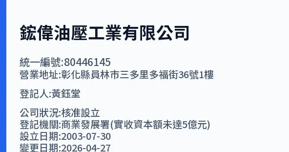 鋐偉油壓工業有限公司的照片-統編 80446145(彰化縣) 公司登記資料與營業項目詳細圖表