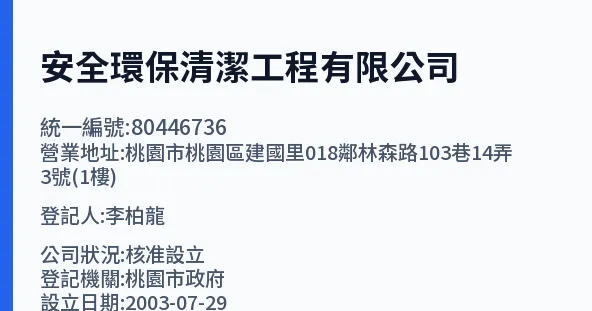 安全環保清潔工程有限公司的照片-統編 80446736(桃園市) 公司登記資料與營業項目詳細圖表