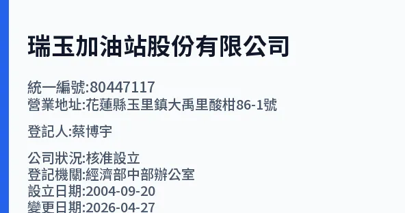 瑞玉加油站股份有限公司的照片-統編 80447117(花蓮縣) 公司登記資料與營業項目詳細圖表