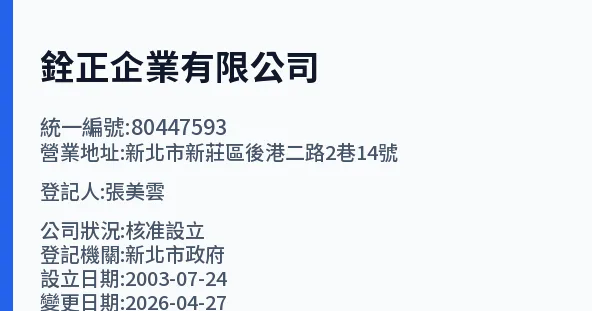 銓正企業有限公司的照片-統編 80447593(新北市) 公司登記資料與營業項目詳細圖表