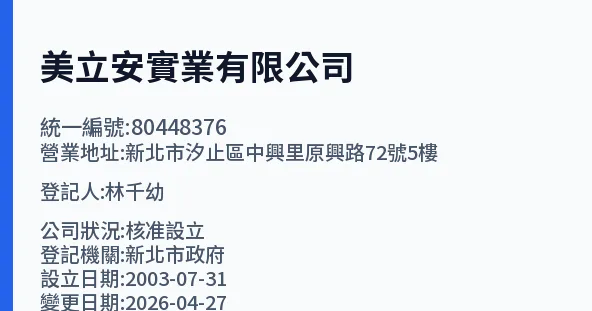 美立安實業有限公司的照片-統編 80448376(新北市) 公司登記資料與營業項目詳細圖表