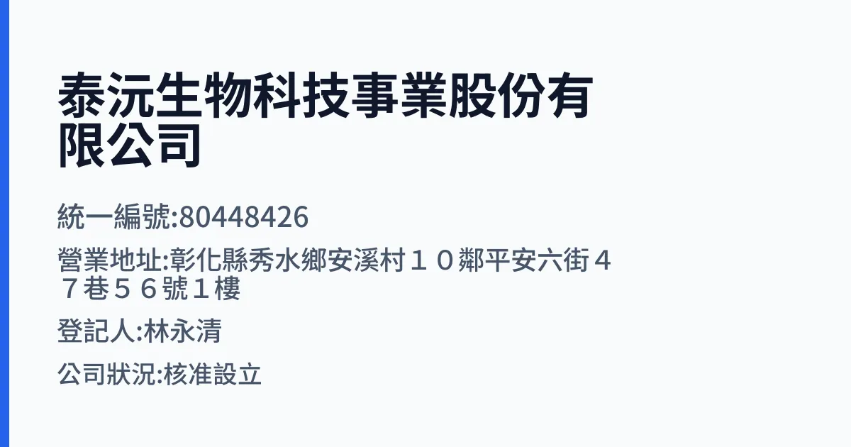 泰沅生物科技事業股份有限公司 - 統編 80448426(彰化縣) 公司登記資料與營業項目詳細圖表