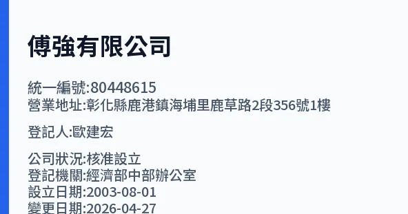 傅強有限公司的照片-統編 80448615(彰化縣) 公司登記資料與營業項目詳細圖表