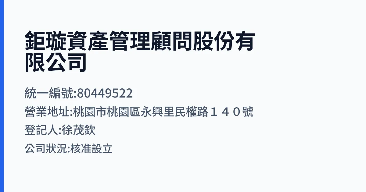 鉅璇資產管理顧問股份有限公司 - 統編 80449522(桃園市) 公司登記資料與營業項目詳細圖表