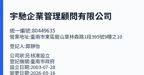 宇馳企業管理顧問有限公司的照片-統編 80449635(臺南市) 公司登記資料與營業項目詳細圖表