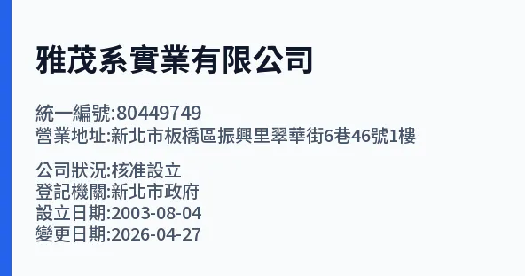 雅茂系實業有限公司的照片-統編 80449749(新北市) 公司登記資料與營業項目詳細圖表