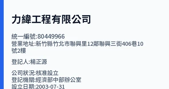 力緯工程有限公司的照片-統編 80449966(新竹縣) 公司登記資料與營業項目詳細圖表