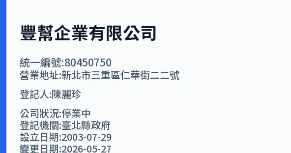 豐幫企業有限公司的照片-統編 80450750(新北市) 公司登記資料與營業項目詳細圖表
