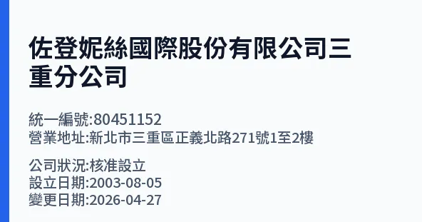 佐登妮絲國際股份有限公司三重分公司的照片-統編 80451152(新北市) 公司登記資料與營業項目詳細圖表