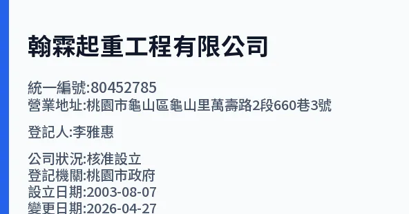 翰霖起重工程有限公司的照片-統編 80452785(桃園市) 公司登記資料與營業項目詳細圖表