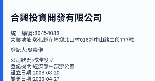 合興投資開發有限公司的照片-統編 80454088(彰化縣) 公司登記資料與營業項目詳細圖表