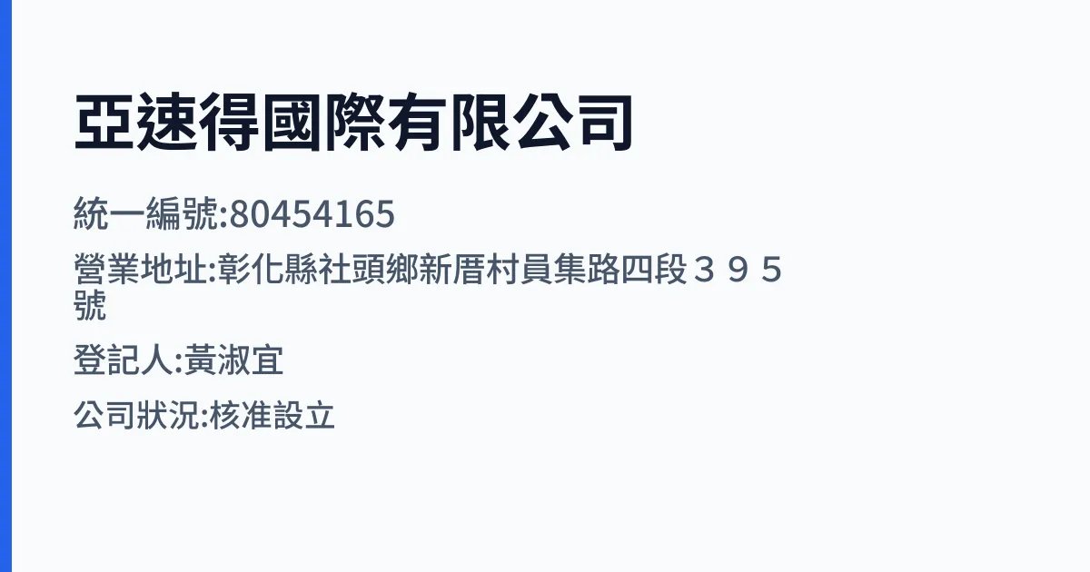 亞速得國際有限公司 - 統編 80454165(彰化縣) 公司登記資料與營業項目詳細圖表