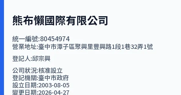 熊布懶國際有限公司的照片-統編 80454974(臺中市) 公司登記資料與營業項目詳細圖表
