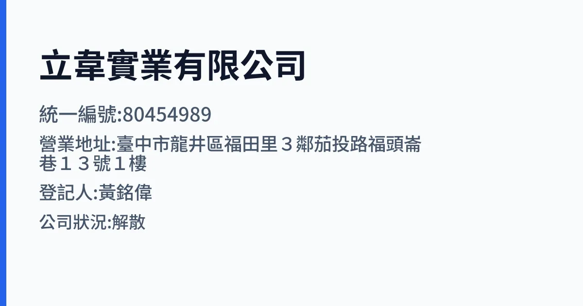 立韋實業有限公司 - 統編 80454989（臺中市） 公司登記資料與營業項目詳細圖表