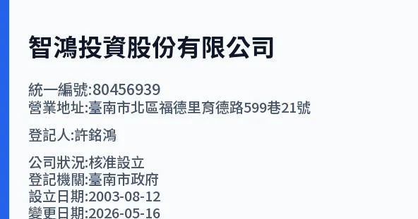 智鴻投資股份有限公司的照片-統編 80456939(臺南市) 公司登記資料與營業項目詳細圖表