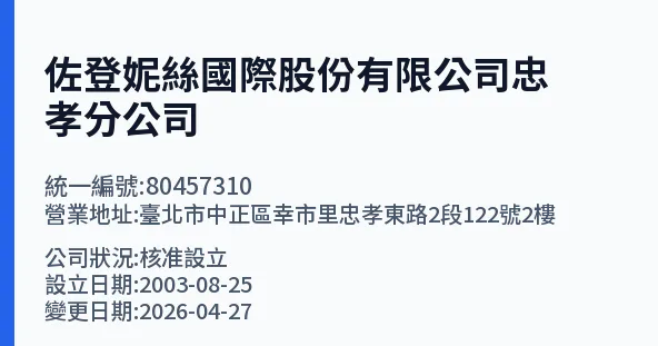 佐登妮絲國際股份有限公司忠孝分公司的照片-統編 80457310(臺北市) 公司登記資料與營業項目詳細圖表