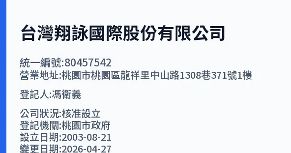 台灣翔詠國際股份有限公司的照片-統編 80457542(桃園市) 公司登記資料與營業項目詳細圖表