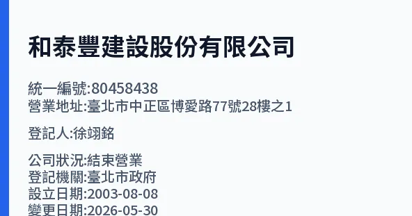 和泰豐建設股份有限公司的照片-統編 80458438(臺北市) 公司登記資料與營業項目詳細圖表