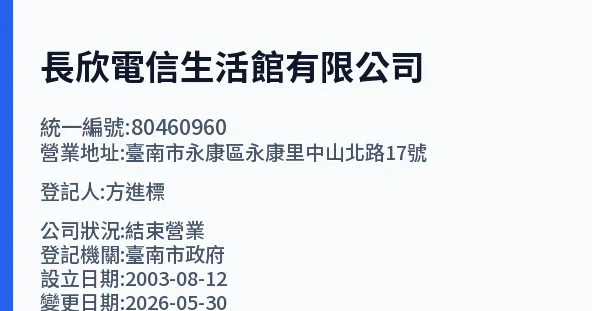 長欣電信生活館有限公司的照片-統編 80460960(臺南市) 公司登記資料與營業項目詳細圖表