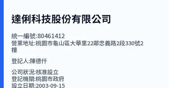 達俐科技股份有限公司的照片-統編 80461412(桃園市) 公司登記資料與營業項目詳細圖表