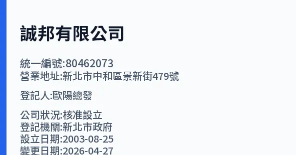 誠邦有限公司的照片-統編 80462073(新北市) 公司登記資料與營業項目詳細圖表