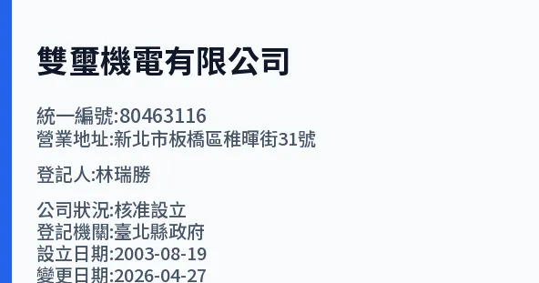 雙璽機電有限公司的照片-統編 80463116(新北市) 公司登記資料與營業項目詳細圖表