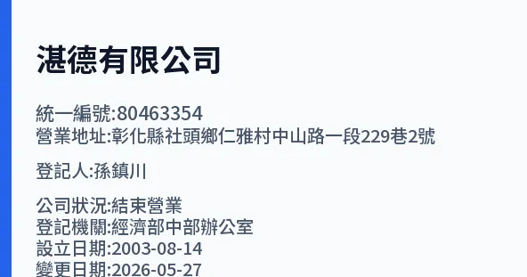 湛德有限公司的照片-統編 80463354(彰化縣) 公司登記資料與營業項目詳細圖表