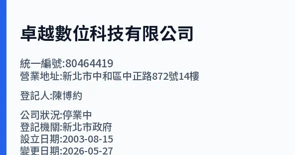 卓越數位科技有限公司的照片-統編 80464419(新北市) 公司登記資料與營業項目詳細圖表