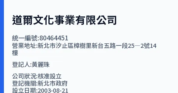 道爾文化事業有限公司的照片-統編 80464451(新北市) 公司登記資料與營業項目詳細圖表
