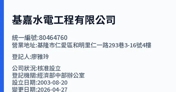 基嘉水電工程有限公司的照片-統編 80464760(基隆市) 公司登記資料與營業項目詳細圖表