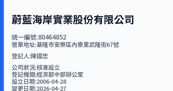 蔚藍海岸實業股份有限公司的照片-統編 80464852(基隆市) 公司登記資料與營業項目詳細圖表