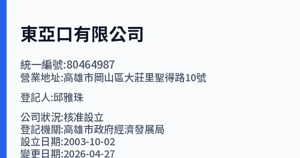 東亞口有限公司的照片-統編 80464987(高雄市) 公司登記資料與營業項目詳細圖表