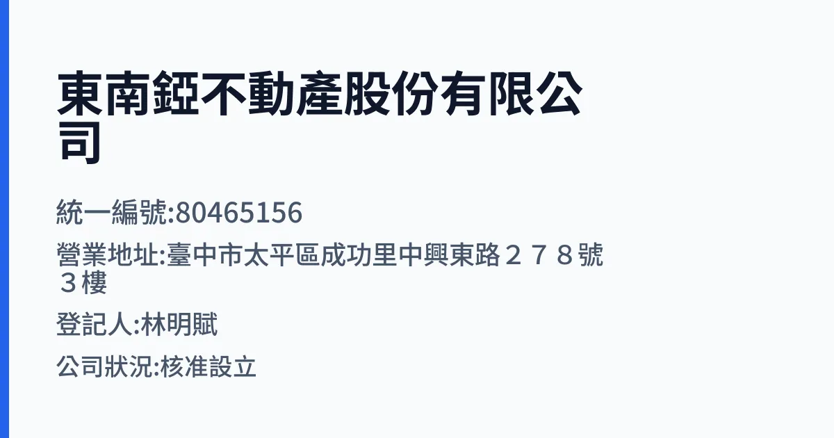 東南錏不動產股份有限公司 - 統編 80465156(臺中市) 公司登記資料與營業項目詳細圖表