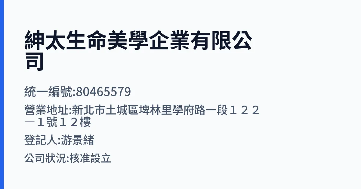 紳太生命美學企業有限公司 - 統編 80465579(新北市) 公司登記資料與營業項目詳細圖表