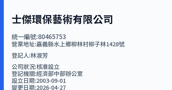 士傑環保藝術有限公司的照片-統編 80465753(嘉義縣) 公司登記資料與營業項目詳細圖表