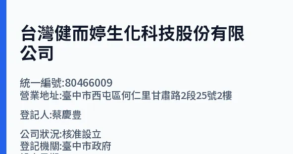 台灣健而婷生化科技股份有限公司的照片-統編 80466009(臺中市) 公司登記資料與營業項目詳細圖表