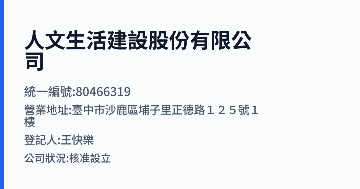 人文生活建設股份有限公司 - 統編 80466319(臺中市) 公司登記資料與營業項目詳細圖表