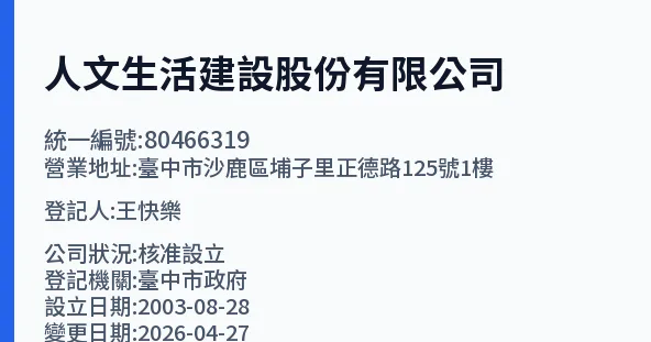 人文生活建設股份有限公司的照片-統編 80466319(臺中市) 公司登記資料與營業項目詳細圖表