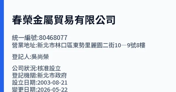 春榮金屬貿易有限公司的照片-統編 80468077(新北市) 公司登記資料與營業項目詳細圖表
