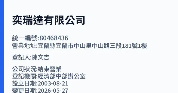 奕瑞達有限公司的照片-統編 80468436(宜蘭縣) 公司登記資料與營業項目詳細圖表
