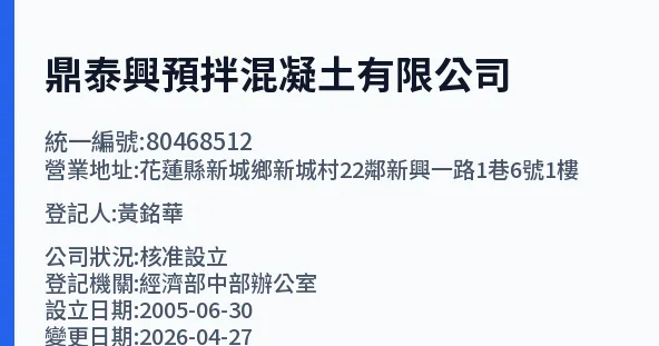 鼎泰興預拌混凝土有限公司的照片-統編 80468512(花蓮縣) 公司登記資料與營業項目詳細圖表