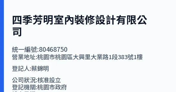 四季芳明室內裝修設計有限公司的照片-統編 80468750(桃園市) 公司登記資料與營業項目詳細圖表