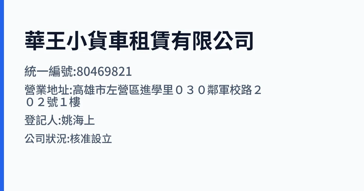 華王小貨車租賃有限公司 - 統編 80469821(高雄市) 公司登記資料與營業項目詳細圖表