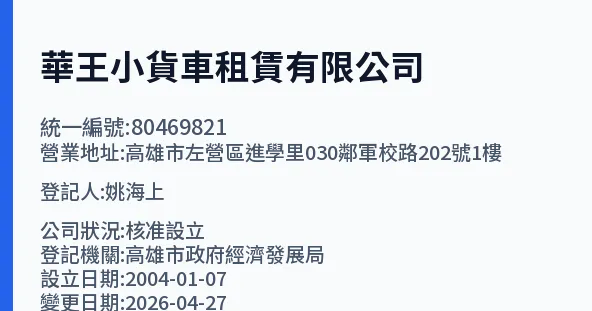 華王小貨車租賃有限公司的照片-統編 80469821(高雄市) 公司登記資料與營業項目詳細圖表