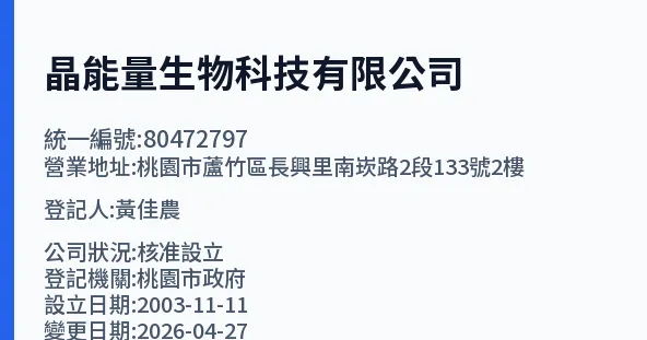 晶能量生物科技有限公司的照片-統編 80472797(桃園市) 公司登記資料與營業項目詳細圖表