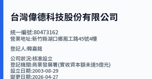 台灣偉德科技股份有限公司的照片-統編 80473162(新竹縣) 公司登記資料與營業項目詳細圖表